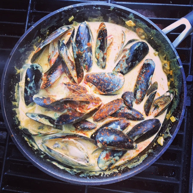 Mussels with Coconut Cacao Masala Broth - indi chocolate
